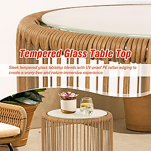 3 Piece Patio Furniture Set with Cushions Lumbar Pillows Outdoor PE Rattan Bistro Furniture Set Patio Rattan Conversation Set Glass Coffee Table Top and 2 Chairs for Patio Garden Porch , White