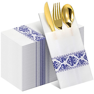 Qilery 100 Pack White Pocket Napkins Paper Dinner Napkins Blue Floral Napkins with Built in Flatware Pocket Disposable Airlaid Paper Napkins Blue Porcelain Linen Feel Dinner Pocket Napkins for Wedding