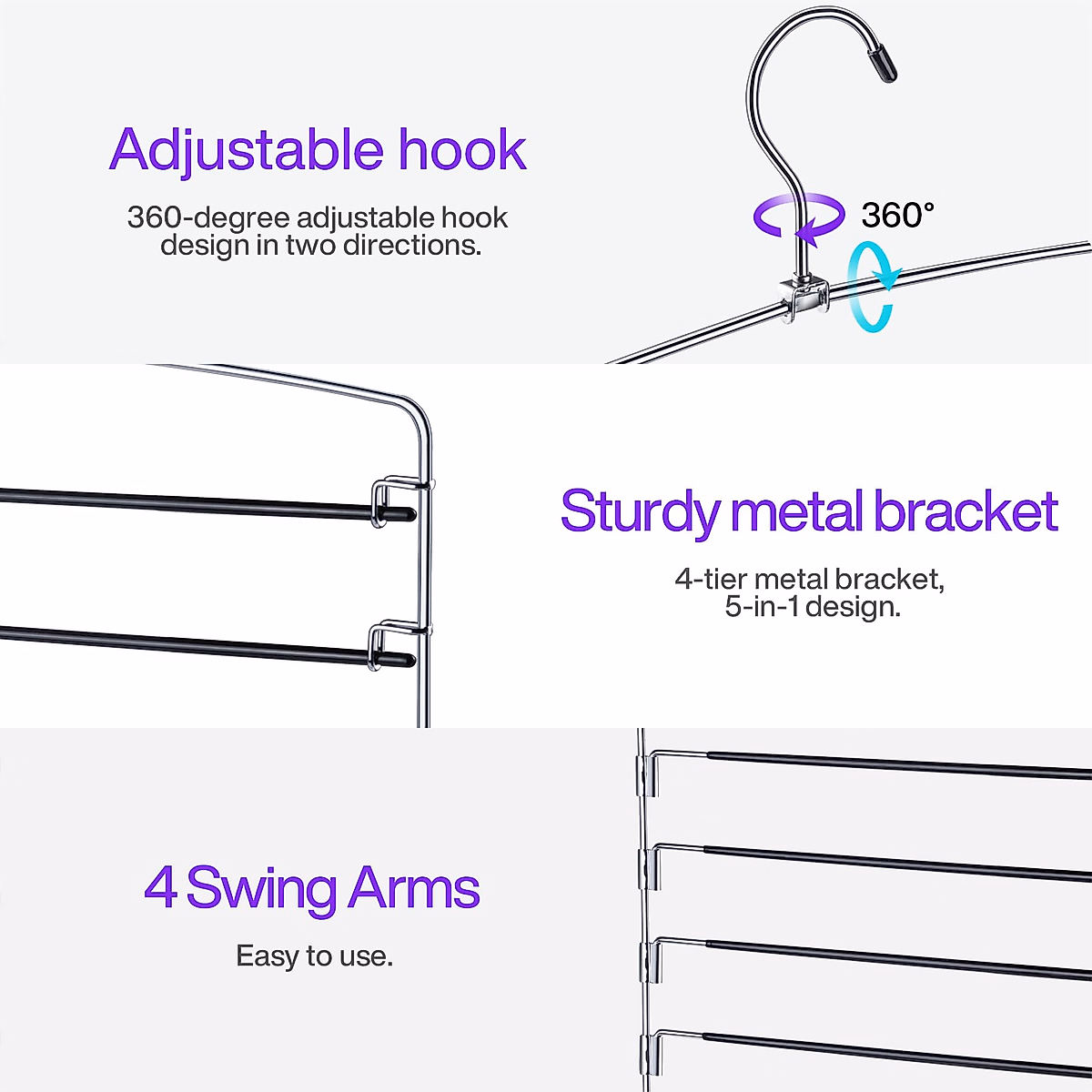 ARRIGO 3 Pack Pants Hangers Space Saving Non Slip Multiple Pants Hanger for Women with Swing Arm Closet Storage Organizer for Pants Jeans Trouser Leggings Scarf Tie
