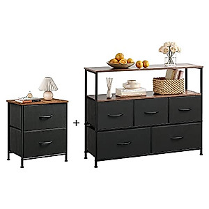 WLIVE 2-Drawer Nightstand and 5-Drawer Dresser Set, Fabric Storage Tower for Bedroom, Hallway, Nursery, Closets, Tall Chest Organizer Unit with Textured Print Fabric Bins, Steel Frame
