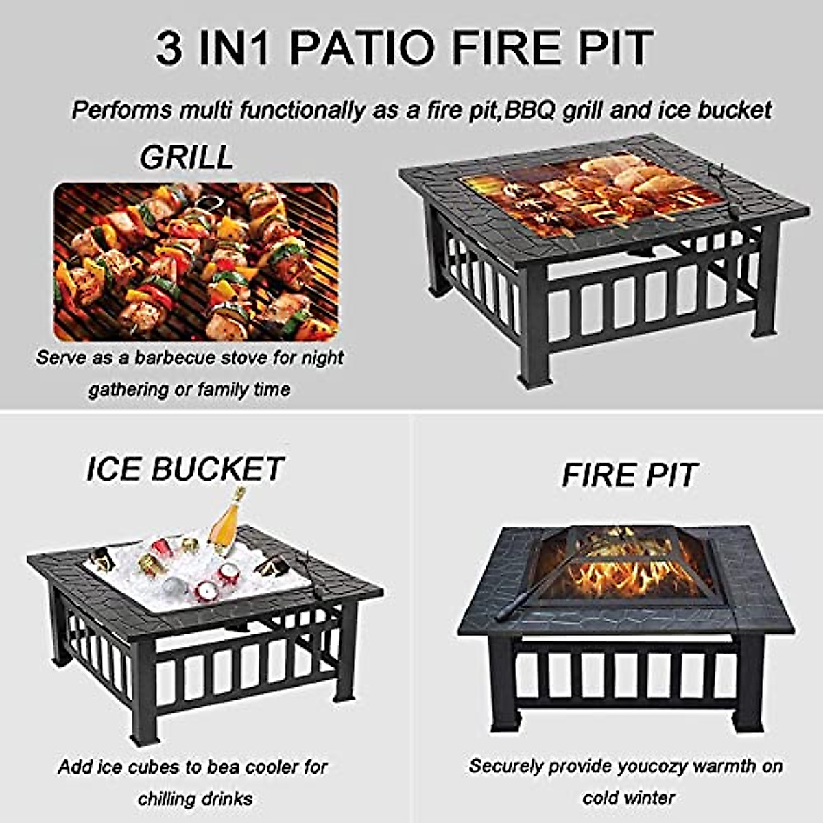 LEAYAN Garden Fire Pit Grill Bowl Grill Barbecue Rack Fire Pit Outdoor fire Pit Table, Household Heater, Wood Burning fire Pit, Patio Barbecue fire Bowl, 31 inches