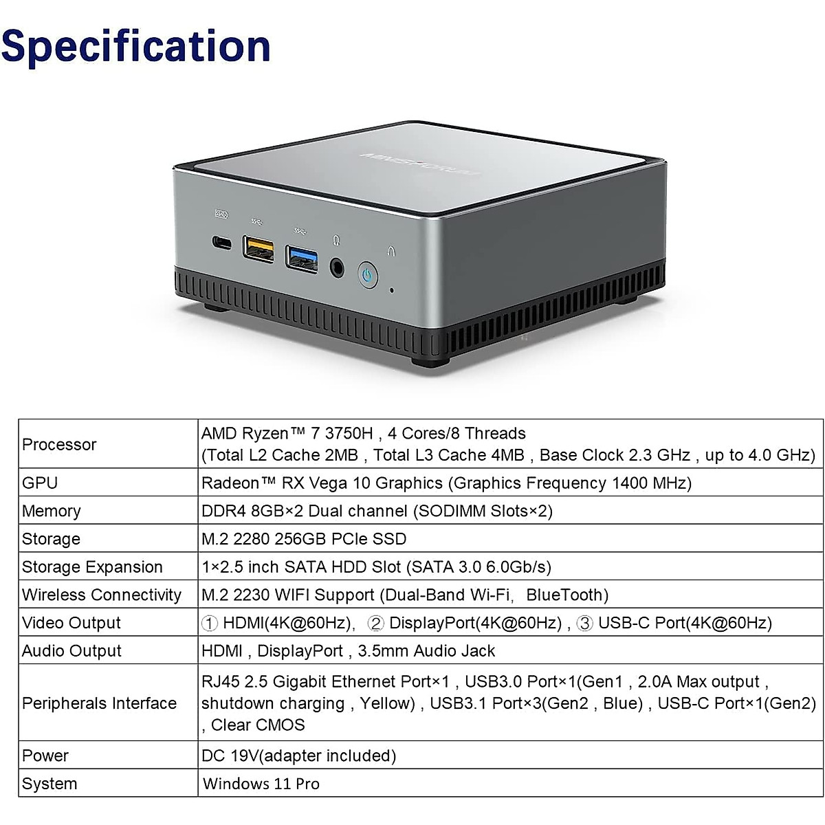 MINISFORUM Mini PC AMD Ryzen 7 3750H UM700|16 GB RAM 256GB PCIe SSD Mini Desktop Computer with Radeon RX Vega 10 Graphics | Dual WiFi BT 5.1 | HDMI/Display/USB-C | 1 X RJ45 | 5X USB Port