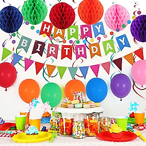 RUBFAC Rainbow Birthday Decorations, Happy Birthday Banner, 6 Honeycomb Balls, 8 Metallic Hanging Swirls, Circle Paper Garland and 30 Balloons