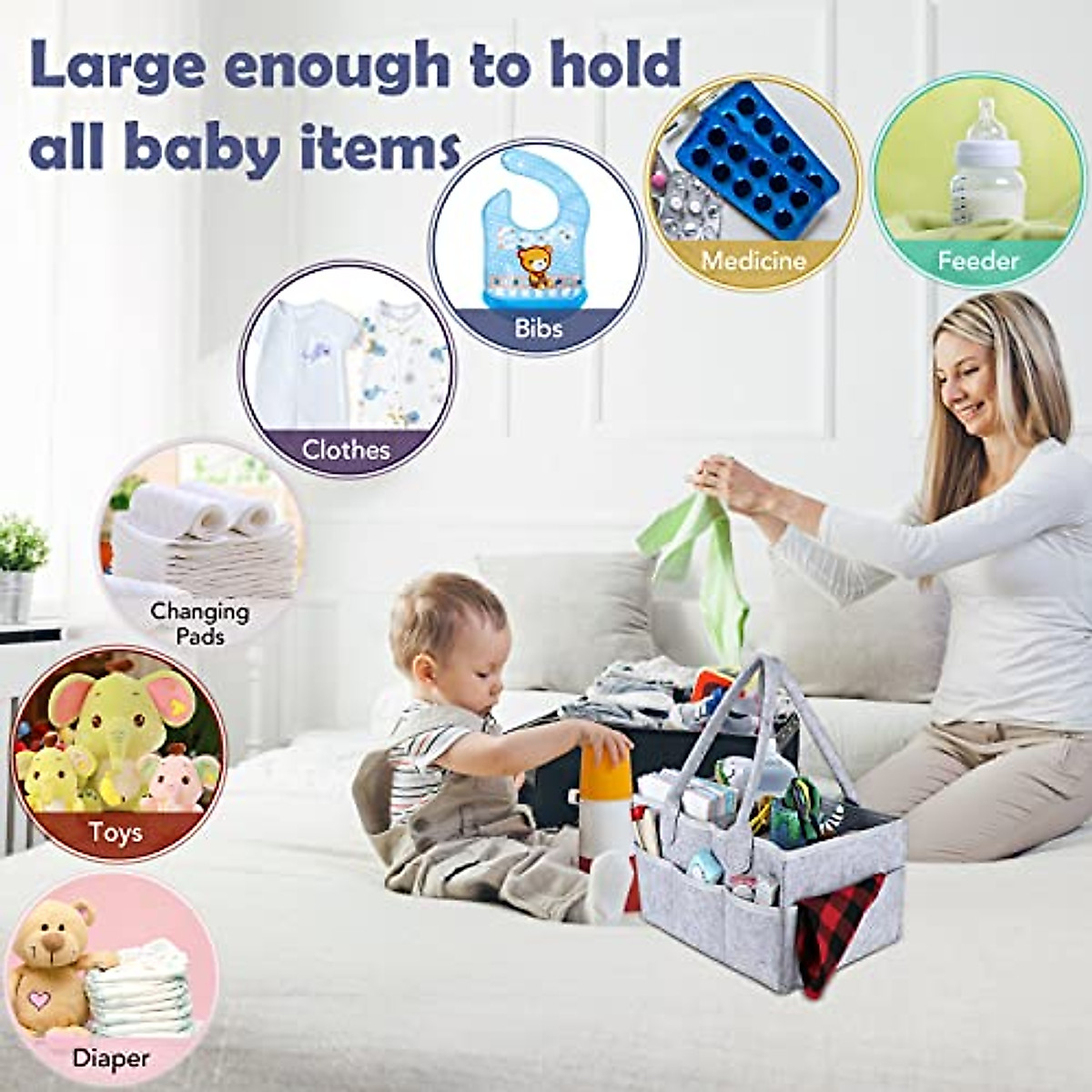 VOISEN Baby Diaper Caddy Organizer, Nursery Storage Basket Bin Baby Car Bag Portable Diaper Organizer Caddy for Nursery Newborn Boy and Girl (Gray)