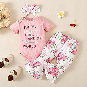 Tokidaring Infant Baby Girl Romper Bodysuit Tops Flared Bell Bottom Pants Cute Summer Outfits with Headband 3-6M Pink