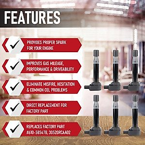 Ignition Coil Pack Set of 6 - Compatible with Honda, Acura, Saturn Vehicles - TL 3.2 V6 1999-2008 - CL, RL 2005-2011 - Odyssey 1999-2010 - Accord V6 - Replaces 610-58547B, 30520-RCA-A02