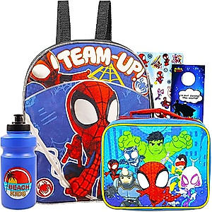 Spidey and His Amazing Friends Mini Backpack with Lunch Box Set - Bundle with 11'' Spiderman Backpack, Spidey Lunch Bag, Water Bottle, Stickers, More | Spiderman Backpack for Toddlers