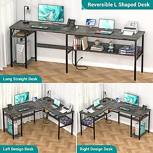 Hyomdeck Reversible L Shaped Gaming Desk with Power Outlets and USB Charging Ports, Sturdy Computer Desk with Storage Shelf, Modern Corner Desk Home Office Table, Easy to Assemble, Gray Oak
