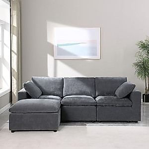 L-Shaped Convertible Modular Sectional Sofa, Modern Reversible Chaises Chenille Upholstered Cloud Couch Sleeper Foam Sofá with Movable Ottoman for Home, Apartment Living Room