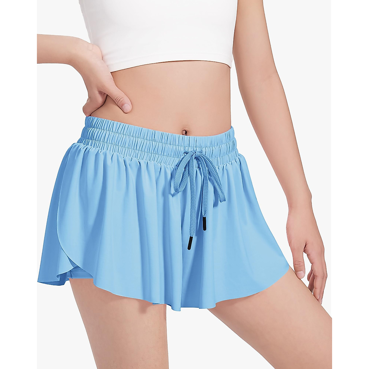 HASMES Girls Butterfly Shorts Teen Flowy Athletic Shorts for Running Dance Cheer 5-14Y Light Blue