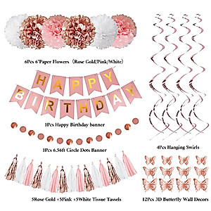 Rose Gold Birthday Party Decorations Kit for Women Girls, Foil Confetti Rose Gold Balloon Pink Happy Birthday Banner Fringe Curtains Butterfly Decor Circle Dots Tassels Pom Supplies 30th 40th 50th Her