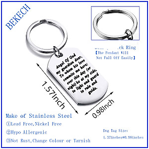 BEKECH Guardian Angel Keychain Angel of God My Guardian Dear Prayer Dog Tag Pendant Keychain Guardian Angel Protect Traveller Gift Religious Baptism Gift (silver)