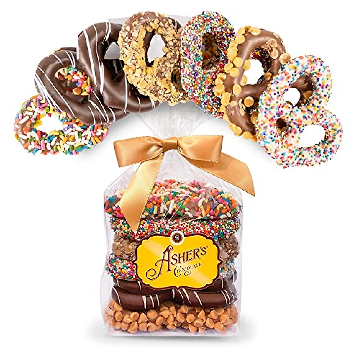 Asher's Chocolates, Chocolate Covered Pretzels Gift Basket, Holiday Assortment of Candy, Small Batches of Kosher Chocolate, Family Owned Since 1892 (8 oz, Milk & Dark)