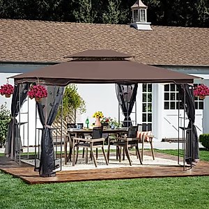 JINS&VICO 13x10 ft Gazebo Double Roof Canopy with Netting and Shaded Curtains, Outdoor Gazebo 2-Tier Hardtop Galvanized Iron Aluminum Frame Garden Tent for Patio, Backyard, Deck and Lawns, Brown