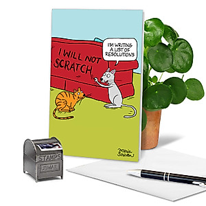 NobleWorks - Funny New Year Cartoon Greeting Card with 5 x 7 Inch Envelope (1 Card) NYE Holiday Stationery Gift for Adults - Cat Resoutions C4521NYG
