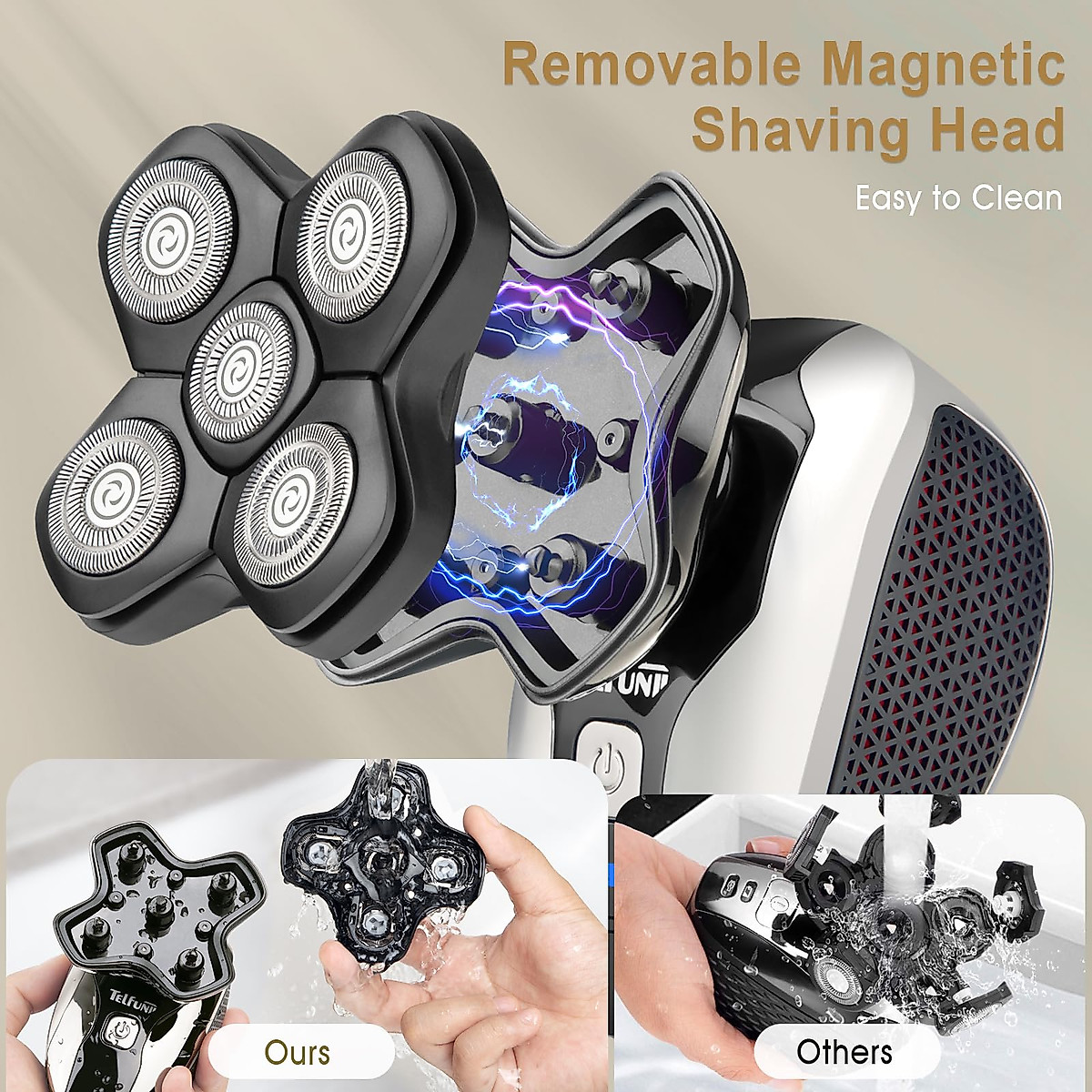 Detachable Head Shavers - Telfun Upgrade 5-in-1 Electric Head Shavers for Bald Men, 100% Waterproof Cordless Razor, Wet/Dry Shaving, 5 Dual Track Heads, Mess-Free Hair Capture (Black)