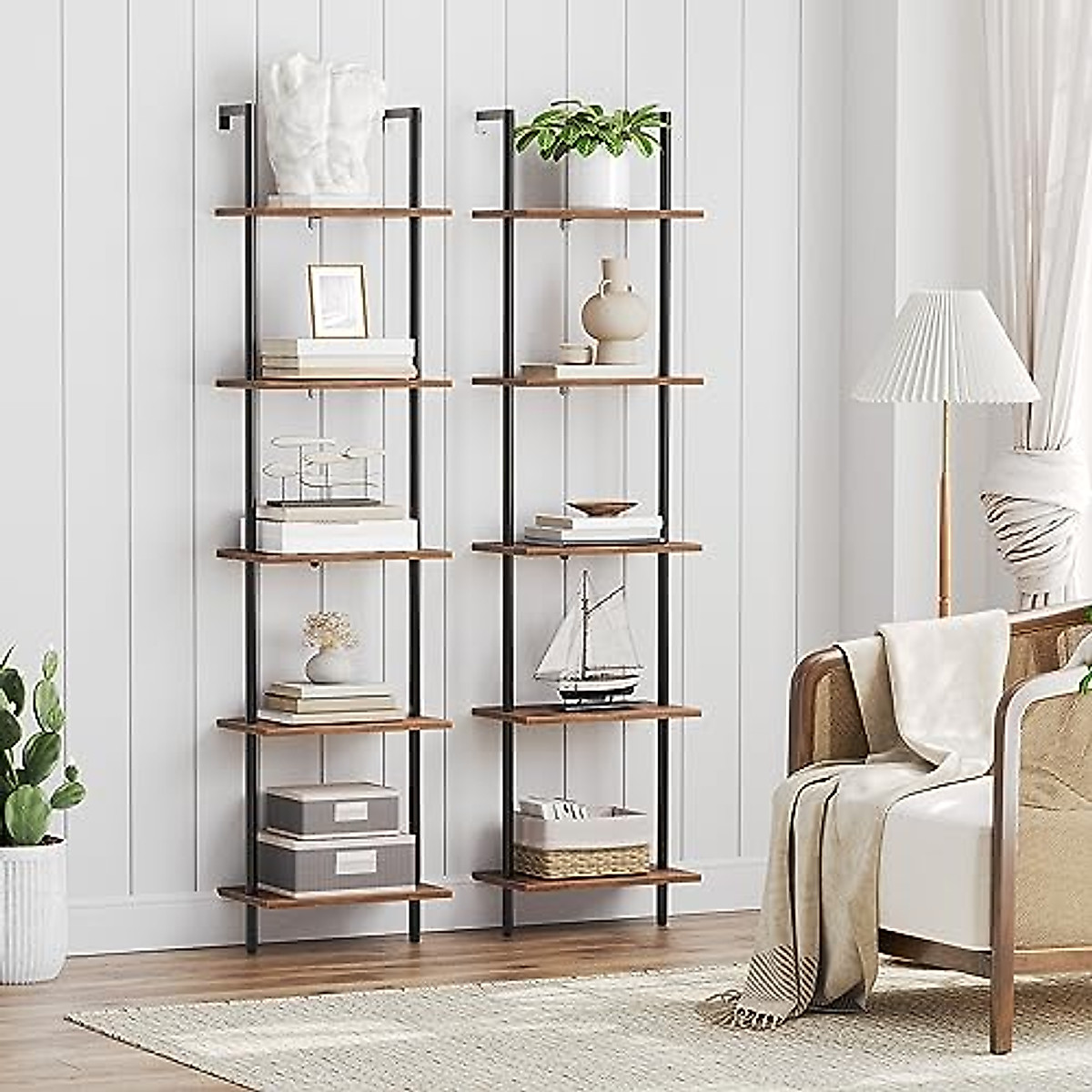 HOOBRO DIY Ladder Shelf, 5-Tier Wooden Wall Mounted Bookshelf, Narrow Bookcase, Display Shelf, Storage Rack, Plant Stand, for Living Room, Bedroom, Study, Balcony, Rustic Brown and Black BF531CJ01