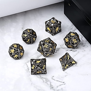 Dragon Hollow Metal DND Dice Set, DNDND 7 D&D Die Set with Metal Gift Tin for Dungeons & Dragon Game (Black with Gold Number)