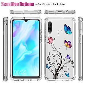 Vavies Phone Case for Huawei P30 Lite/Nova 4E, Butterfly Tree Floral Design, Clear TPU, Full Body Protection, Tempered Glass Screen Protector, Compatible with MAR-LX3A Models