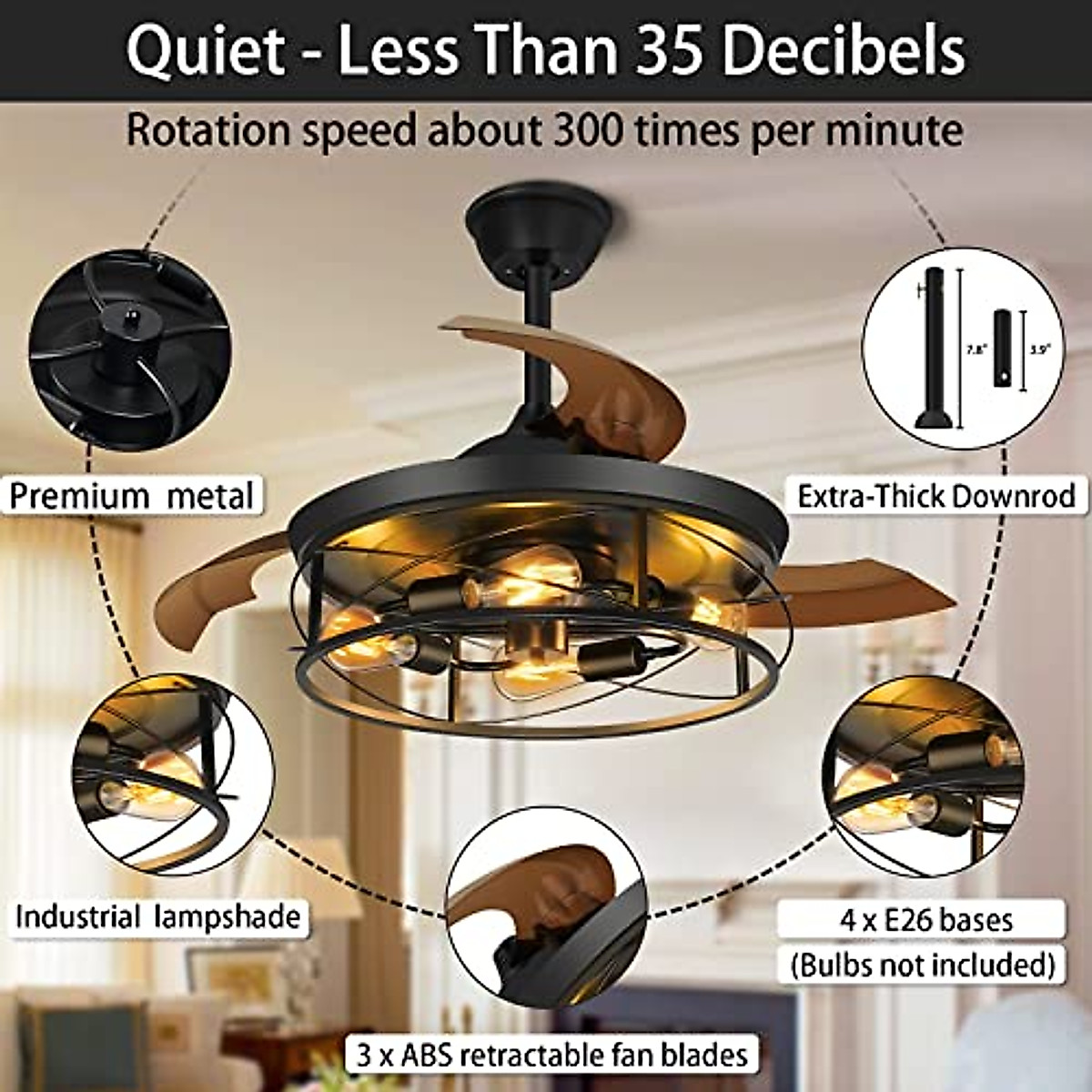 NEWORB 42Inch Retractable Ceiling Fans with Lights Remote Control Caged Industrial Farmhouse Ceiling Fans Rustic Black Ceiling Fan for Living Room Bedroom Patio Kitchen