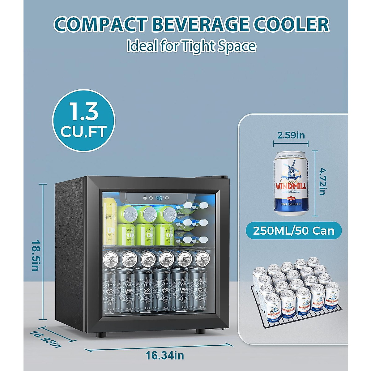 Electactic 50 Cans Beverage Refrigerator Cooler, 1.3 Cu.ft Mini Fridge Countertop Drink Cooler with Glass Door for Beer, Soda,Wine, Adjustable Digital Temperature Control for Home Dorm Bar, Black