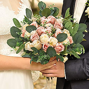 Ageomet 17pcs Artificial Rose Flowers, 12 Silk Fake Flowers Rose and 5 Artificial Eucalyptus Leaves Stems in Bulk, for Home Bridal Wedding Party Festival Decor