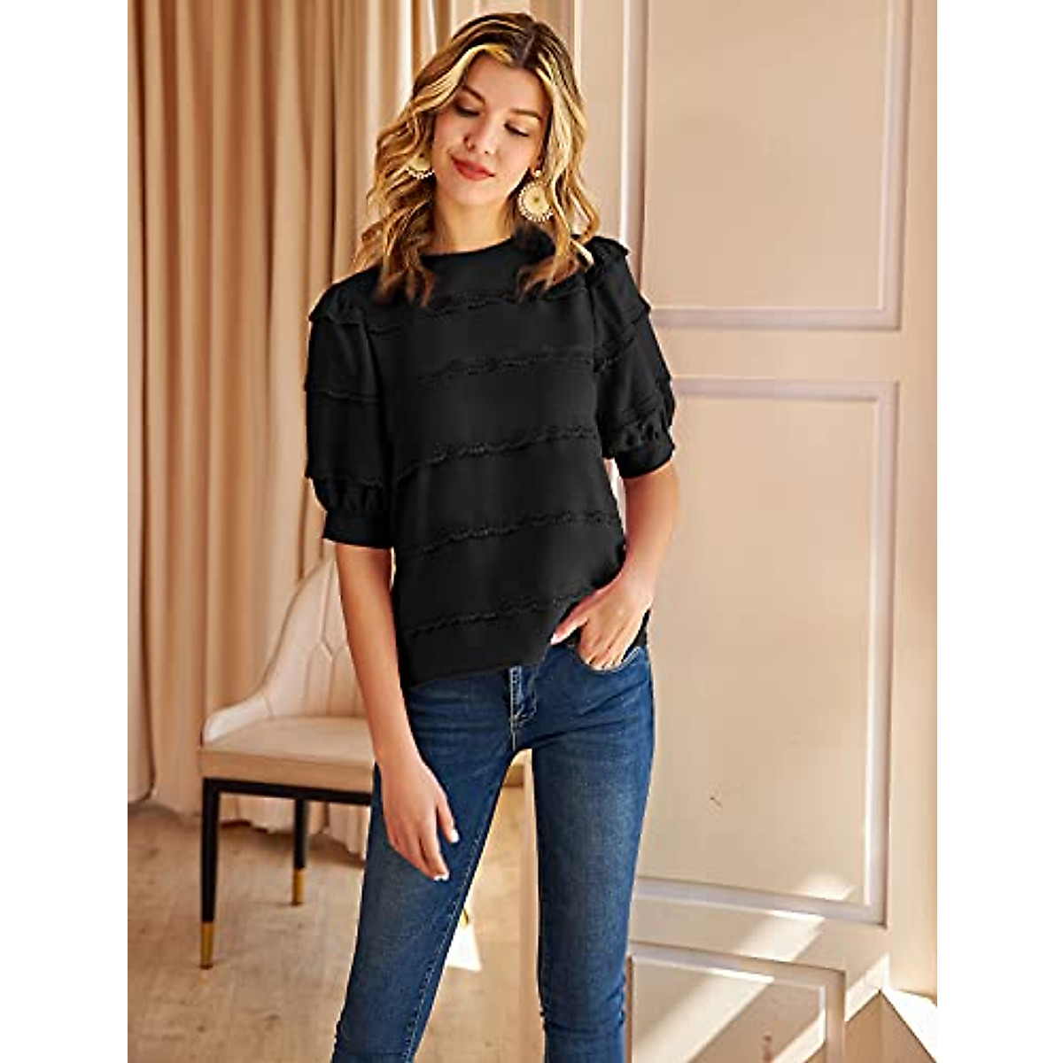 Women's Puff Sleeve Tops Lace Business Casual Work Blouse Plus Size Black XXL