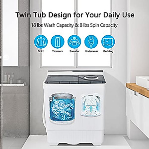 COSTWAY Portable Washing Machine, Twin Tub 26Lbs Capacity, Washer(18Lbs) and Spinner(8Lbs), Compact Laundry Machine with Control Knobs, Timer Function, Drain Pump, Laundry washer for Apartment, RV, Grey