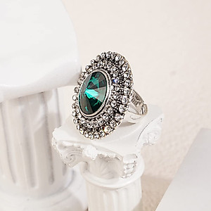 Jumwrit Vintage Knuckle Ring Open Band Ring Silver Rhinestone Ring Big Round Ring Adjustable Finger Ring Carved Ring Indian Ring for Women（Green）