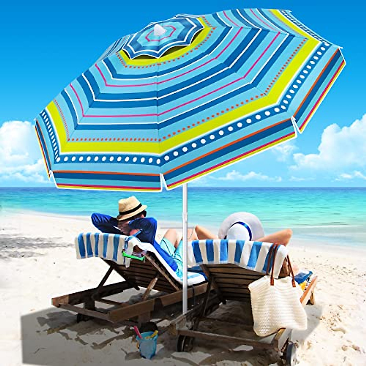 FEFLO Beach Sand Umbrella Portable Outdoor: 7ft Arc Length 6.5ft Diameter Large Striped Heavy Duty Wind Proof UV 50+ Parasol with Anchor Adjustable Tilt Pole 8 Ribs Carry Bag Lightweight