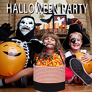 XinblueCo Halloween Trick or Treat Bags Halloween Candy Buckets Fabric Orange Black Purple Basket Candy Corn White Polka Dot Stripe Halloween Party Favor Bags…