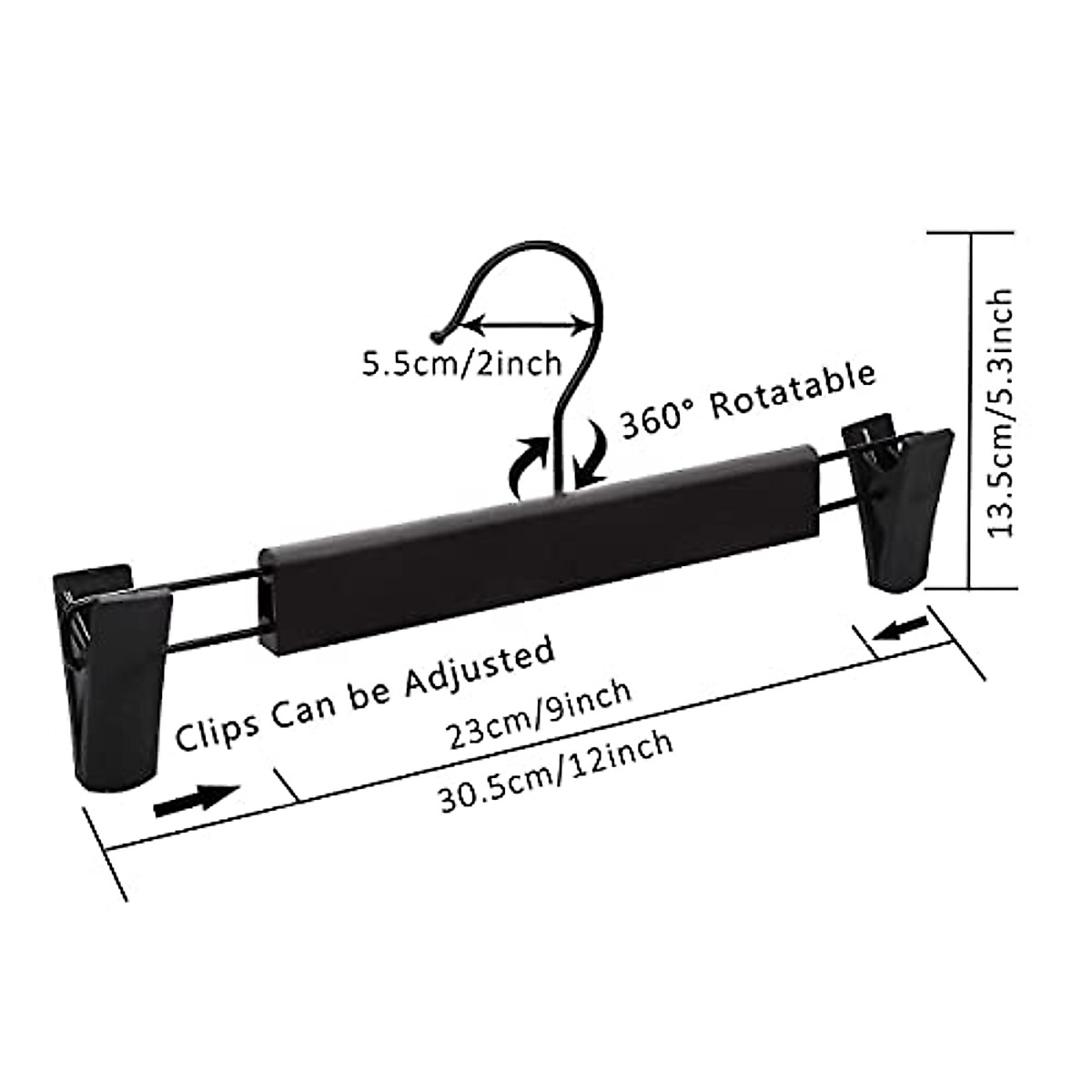 Pants Hangers Skirt Hangers,20 Packs Black Plastic Dress Trousers Hanger with Non-Slip Big Clips and 360 Rotatable Hook