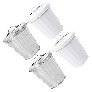 VOSAREA Plastic Bins 4pcs Desktop Garbage Trash Can Mini Metal Rubbish Bin with Lid Iron Flower Pots Tabletop Waste Bin for Kitchen Bedroom Office Decor Car Cup Holder