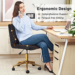 Furniliving Home Office Chair, Armless Vanity Chair with Wheels Swivel Velvet Computer Rolling Desk Chair with Back, Adjustable Accent Chair with Gold Metal Base Stool Chair,Black