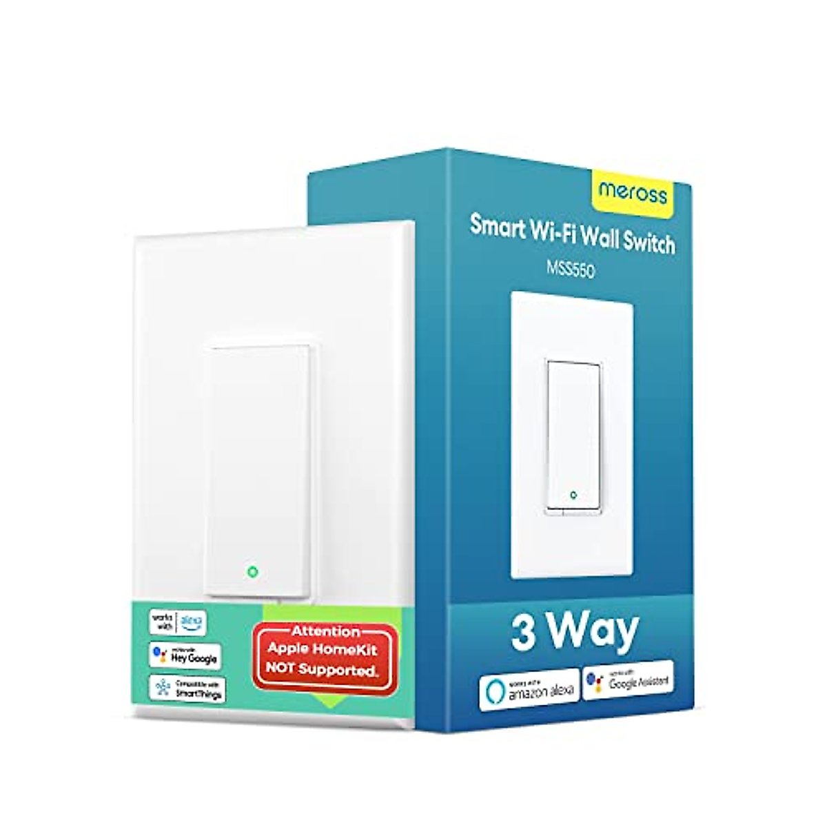 3 Way Smart Light Switch (Neutral Wire Required), Meross 2.4G WiFi Light Switch Supports Alexa, Google Assistant and SmartThings, Voice Control and Schedule (1 Pack)
