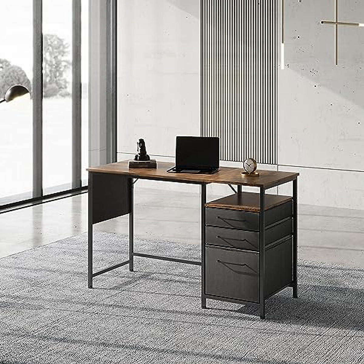 Maihail Computer Desk with Drawers, 47" Desk with 2 Drawers and Shelves, Office Desk with Storage, Desk with Storage Bag, Industrial Desk for Home Office with Metal Frame for PC Laptop, Rustic Brown