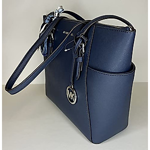 Michael Kors Charlotte Large Zip Tote bundled with matching Trifold Wallet Purse Hook (Navy/Signature MK Bright White)