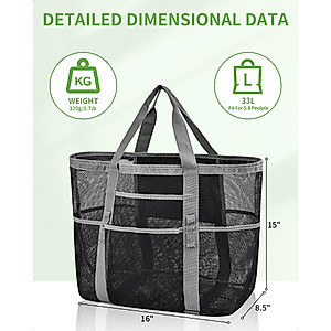 Extra Large Mesh Tote Bag with Multiple Pockets, Heavy Duty Beach Bag for Family Trip Camping Swimming