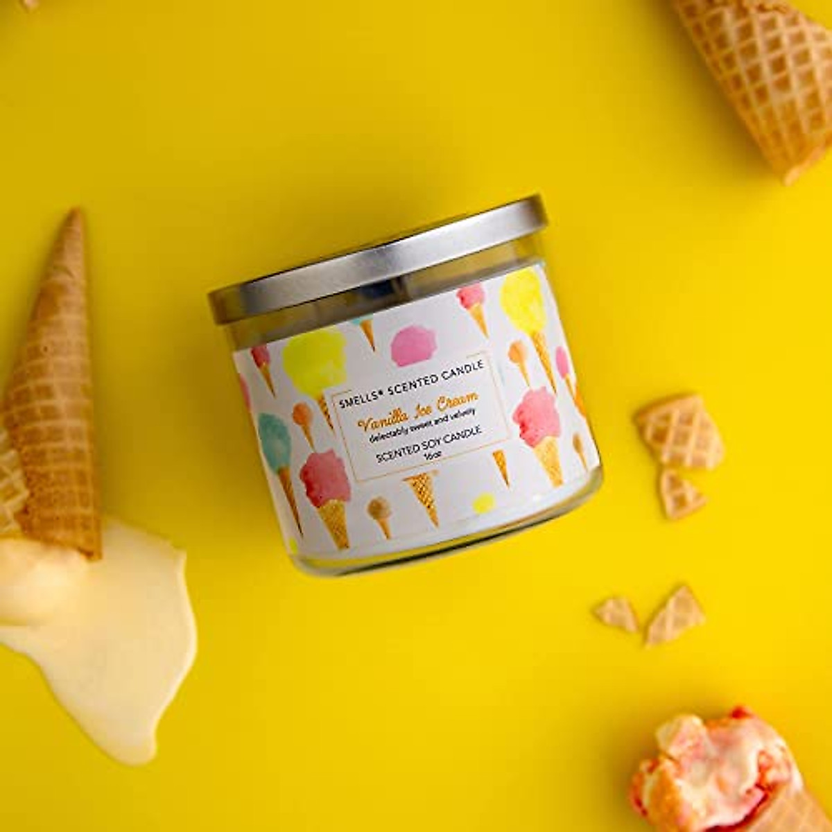 Smells - Premium Soy Wax Round Jar Scented Candle 16oz. - 100% Cotton 3-Wicks - Fragrance That Eliminates Home and Office Odors: Food, Pets, Smoke and Others (1-Pack, Vanilla Ice Cream)