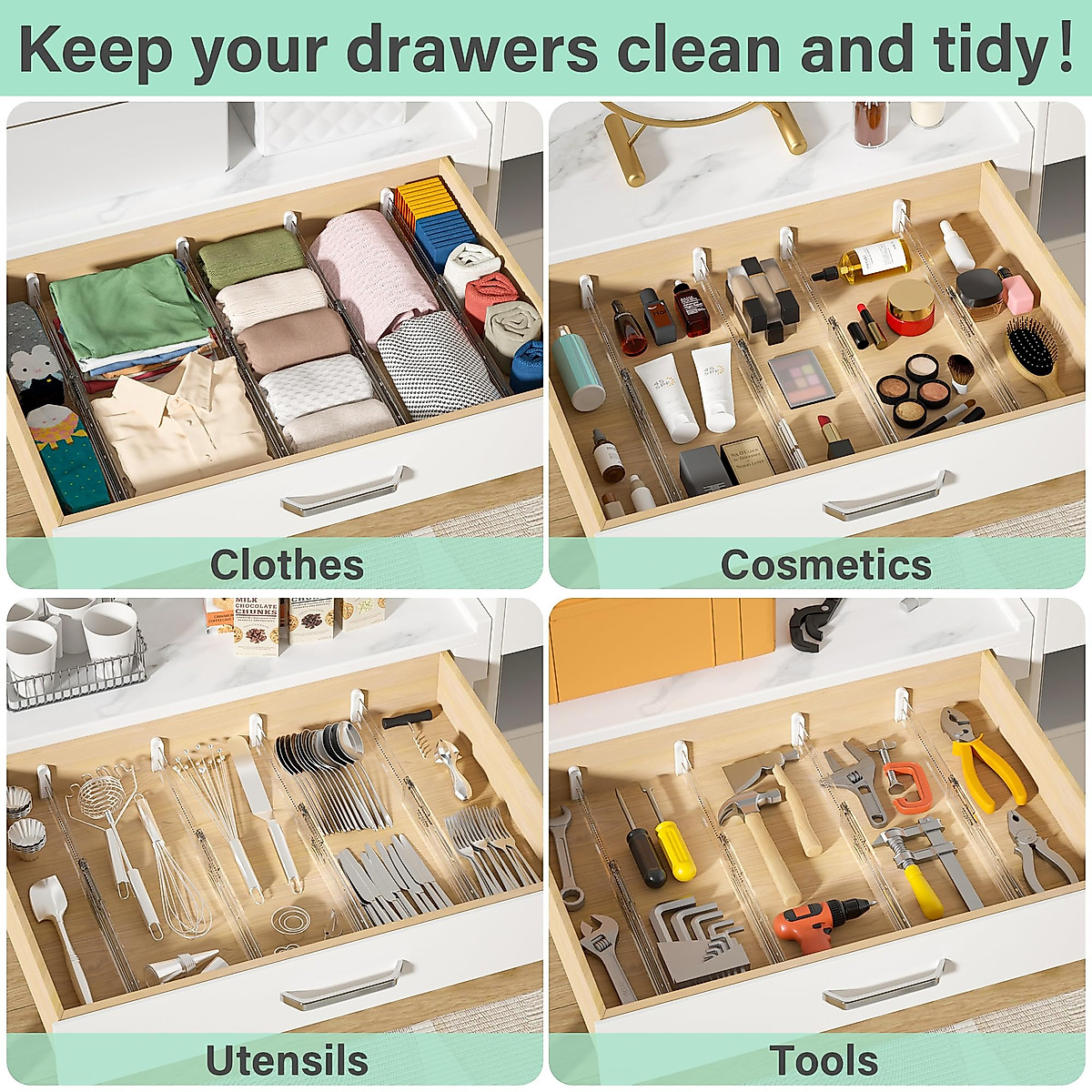 FUNIZE Expandable Drawer Dividers 4 Pack, 2.36" High, 12.6-22.8 Clear Drawer Organizers for Utensils, Clothes, Adjustable Kitchen Drawers Separators in Dresser, Bedroom, Bathroom, Office Storage