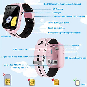 Kids Smart Watch Phone, HD Touch Screen Smartwatch with Music MP3 Player, Video Recorder, Camera, Games, SOS, Dinosaur Wristband, (1GB SD Card) Sport Wrist Watch for Age 3-14 Boys Girls Gifts-Pink