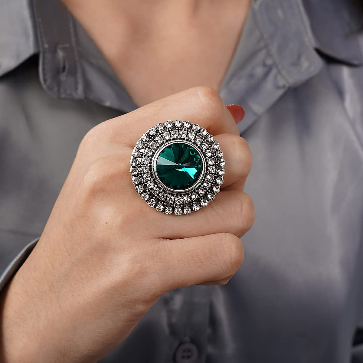 Jumwrit Vintage Knuckle Ring Open Band Ring Silver Rhinestone Ring Big Round Ring Adjustable Finger Ring Carved Ring Indian Ring for Women（Green）