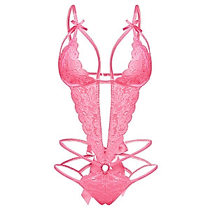 Donnalla Lingerie for Women Deep V Lace Teddy One Piece Lingerie Bodysuit Babydoll Teddy Underwear Pink S