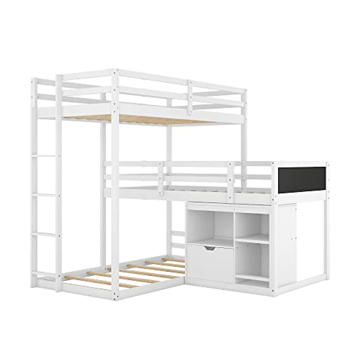 WOXYX L-Shaped Wood Triple Twin Size Bunk Bed with Storage Cabinet and Blackboard, Ladder,White