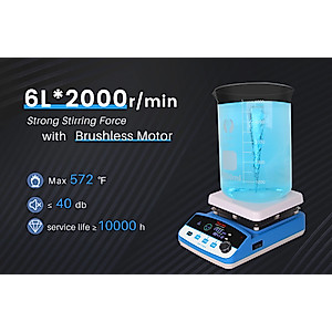 Magnetic Stirrer Hot Plate 6L Stirring Capacity, 6.5' LCD Hot Plate Stirrer w/ 2000rpm, Max 572℉/300℃ Hot Plate with Magnetic Stirrer, Stirrer Bars and Retriever Included