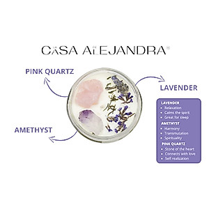 Lavander Aromatherapy Candle with Amethyst and Rose Quartz + Soy Wax + Scented Oil + Cinnamon Decoration + Quartz + Healing Crystal +12 oz. La CASA de ALEJANDRA