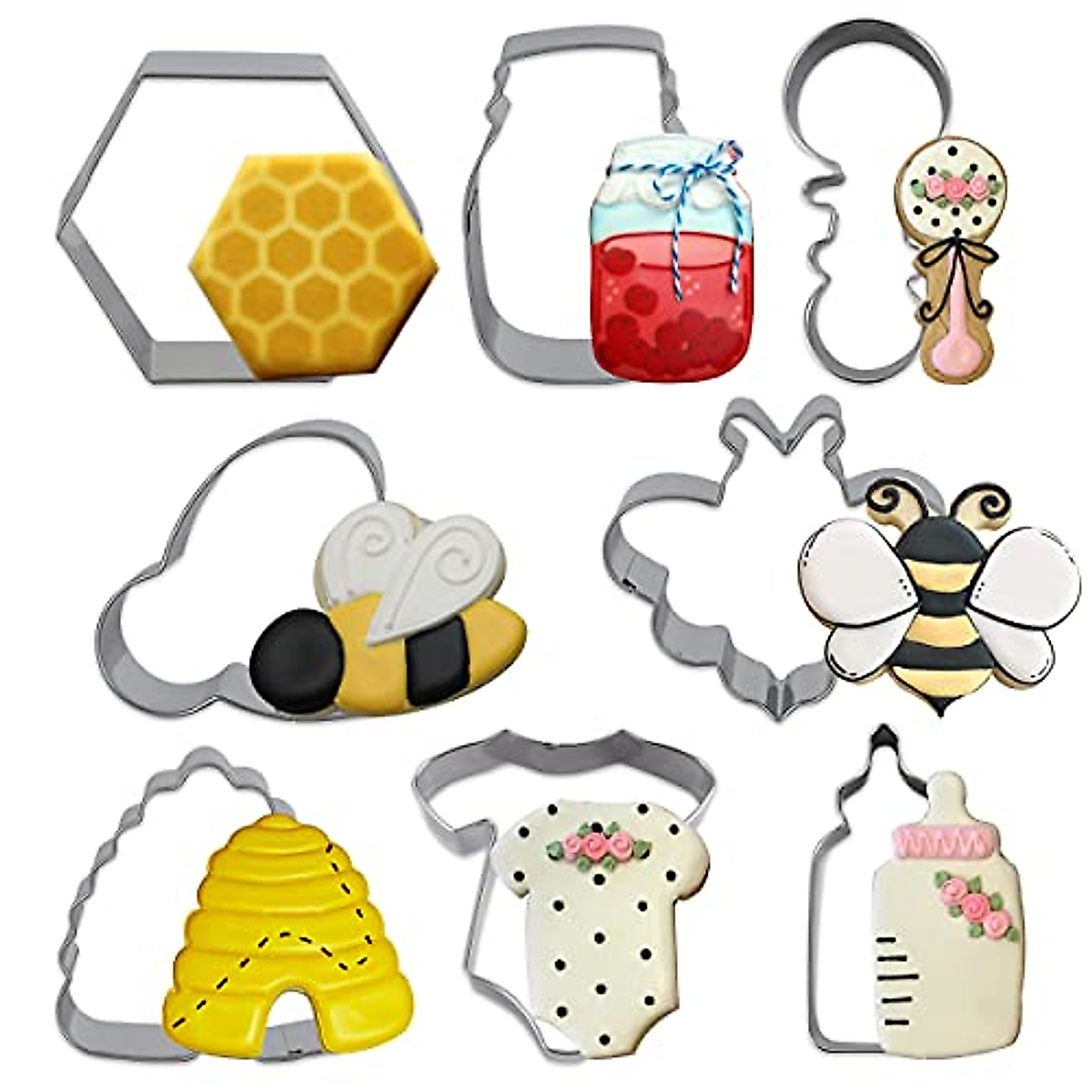 Fangleland Bee Themed Cookie Cutters, 8 Pack Bumble Bee Baking Molds Stainless Steel Biscuit Sandwich Cake Cutter Set for Baby Shower Party Supplies Favors