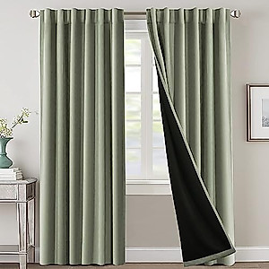 100% Blackout Curtains for Bedroom with Black Liner Full Room Darkening Curtains 84 Inches Long Thermal Insulated Back Tab/Rod Pocket Window Treatment Drapes for Living Room, Sage, 2 Panels