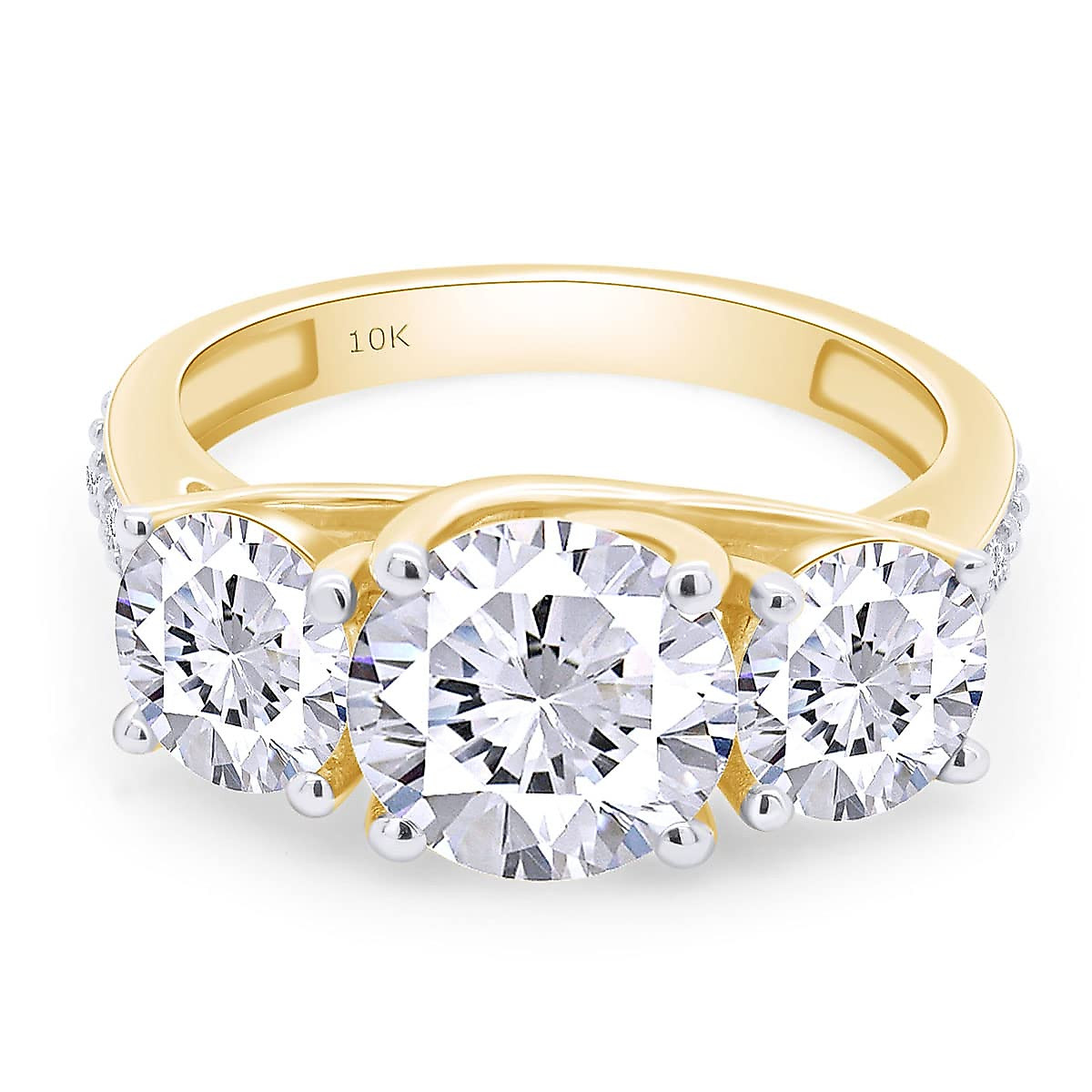 SAVEARTH DIAMONDS Three Stone Design, 3.40 Cttw Center 8MM Round Cut Lab Created Moissanite With Accents Engagement Ring In 10K Solid Yellow Gold (VVS1 Clarity) Size-6.5