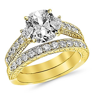 Houston Diamond District 14K Yellow Gold 3 Carat Lab Grown Three Stone Vintage Milgrain & Filigree Bridal Set, Wedding Band & Cushion Cut Diamond Engagement Ring (D-E Color VS1-VS2 2 Ct Center), 7
